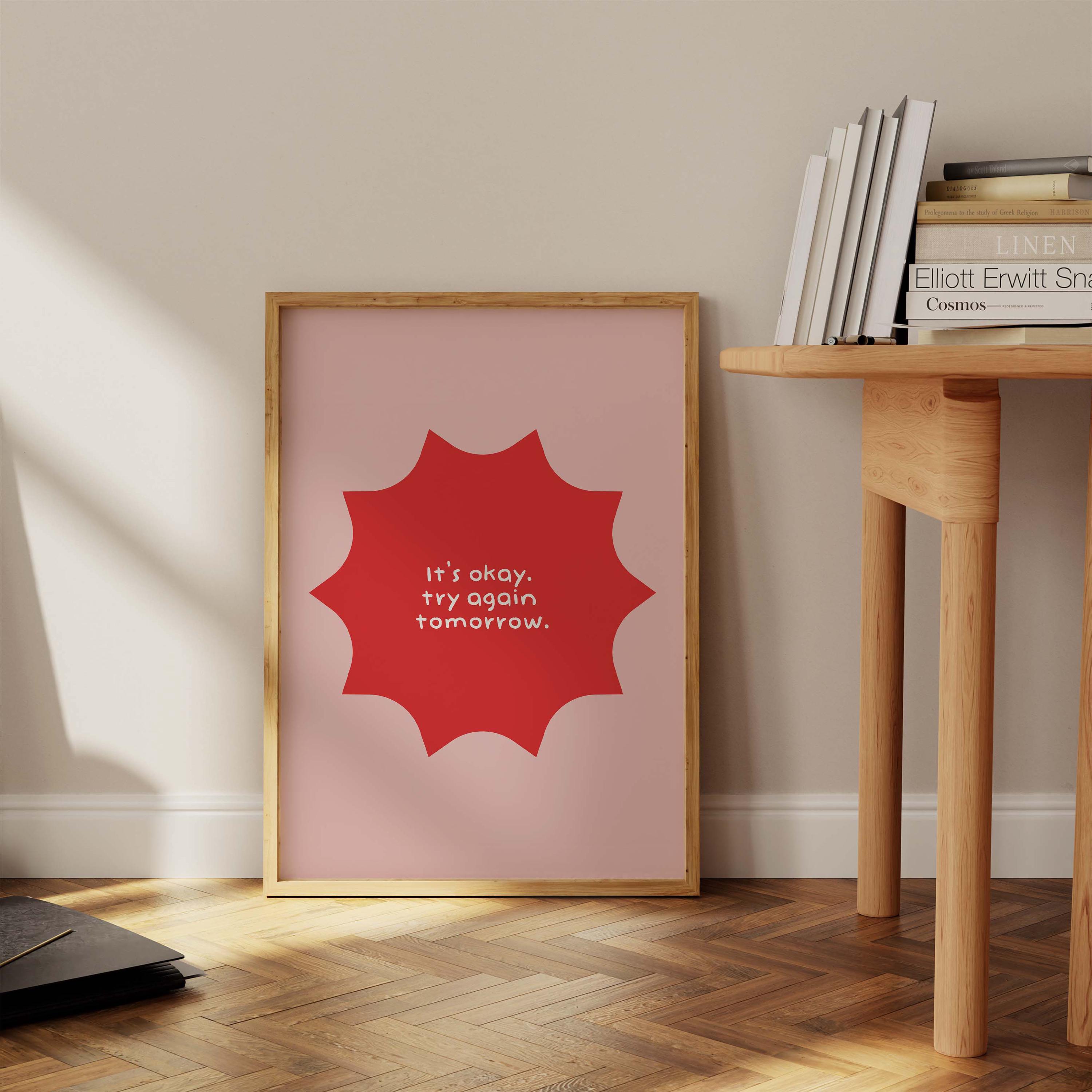 Pink Inspirational Poster – Red Pink Wall Art – try Again Tomorrow ...