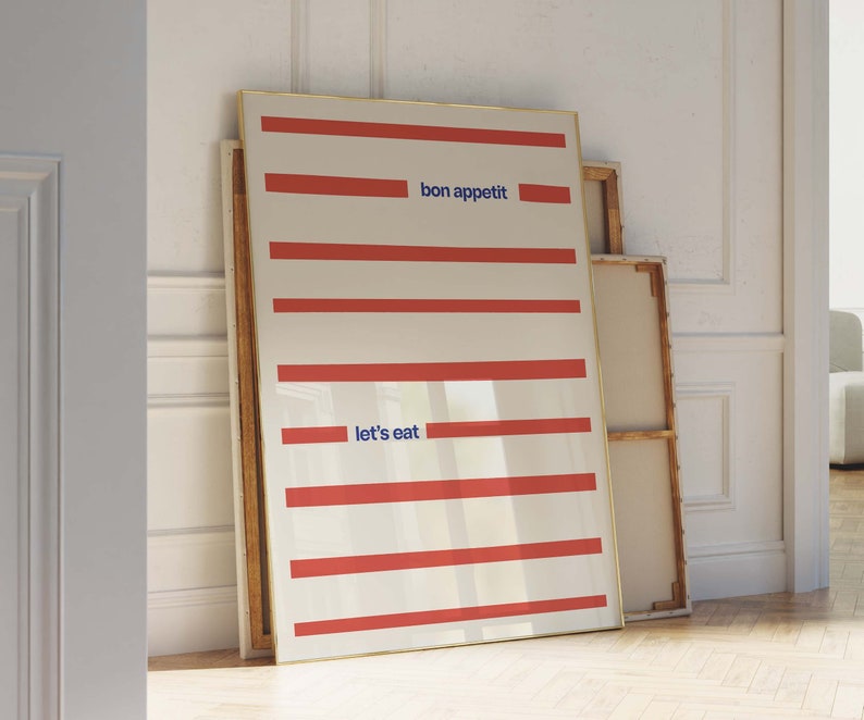 Red Kitchen Print, Bon Appetit Wall Art, Red Striped Poster, Cute ...