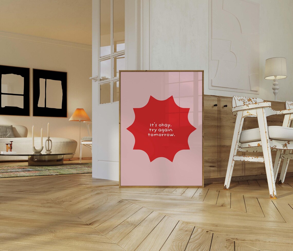 Pink Inspirational Poster – Red Pink Wall Art – try Again Tomorrow ...