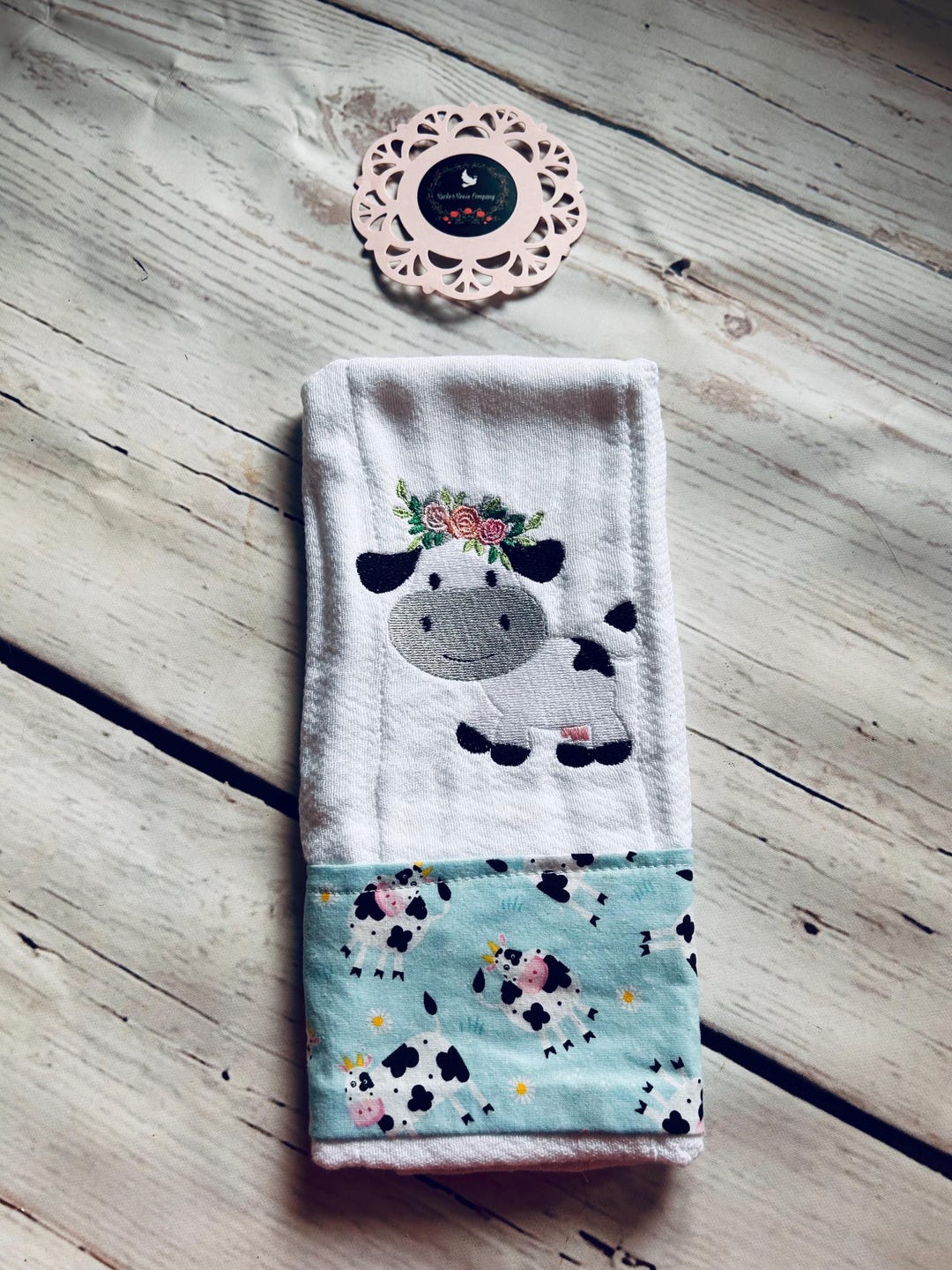 Farm Animal Burp Cloths: Cow With Floral Crown Machine Embroidered ...
