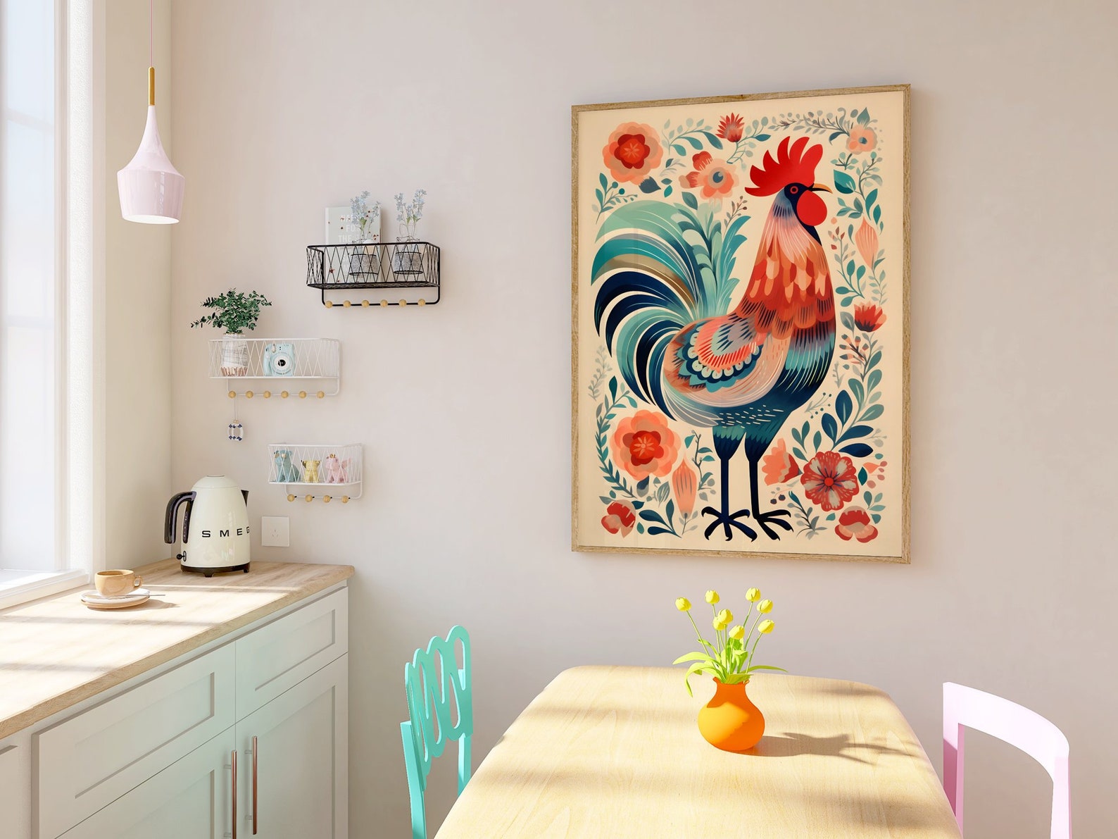 Rooster Folk Art Print / Scandinavian Norwegian Folk Art Chicken ...