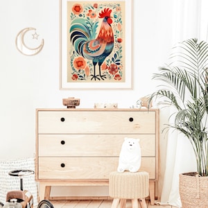 Rooster Folk Art Print / Scandinavian Norwegian Folk Art Chicken ...