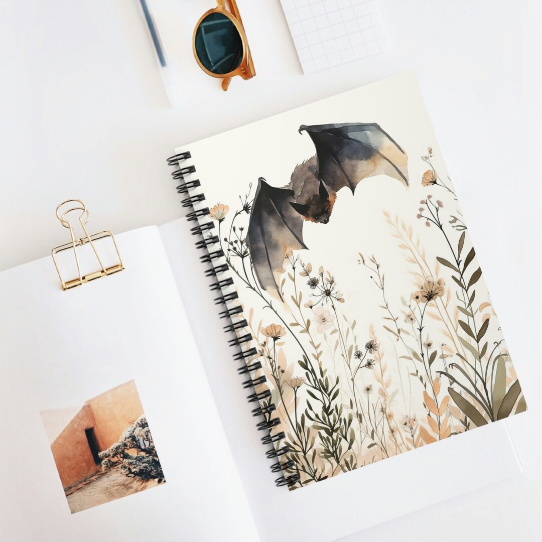 Bat and Wildflowers Notebook / Cute Black Bat Spiral Notebook / Witchy ...
