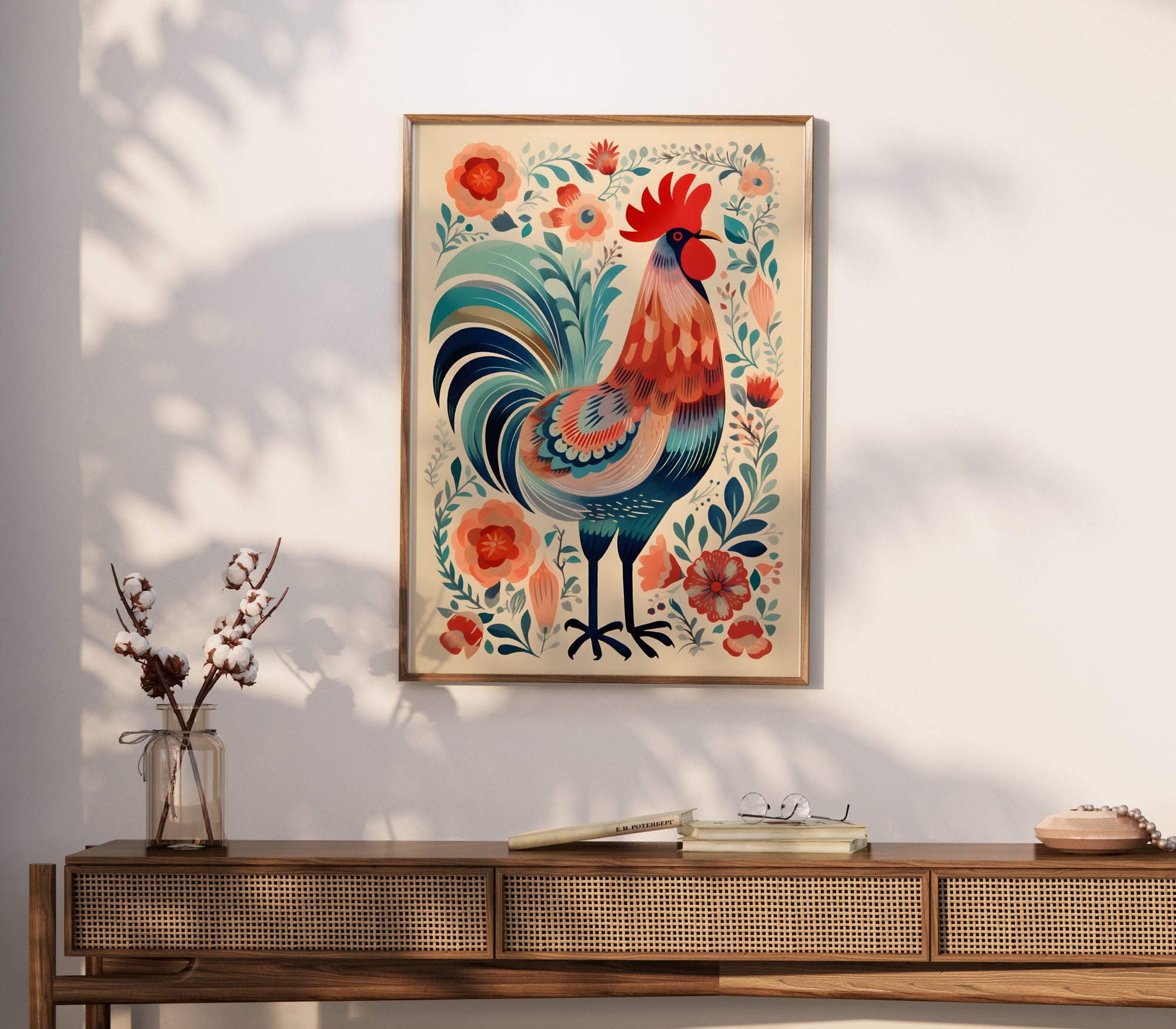 Rooster Folk Art Print / Scandinavian Norwegian Folk Art Chicken ...