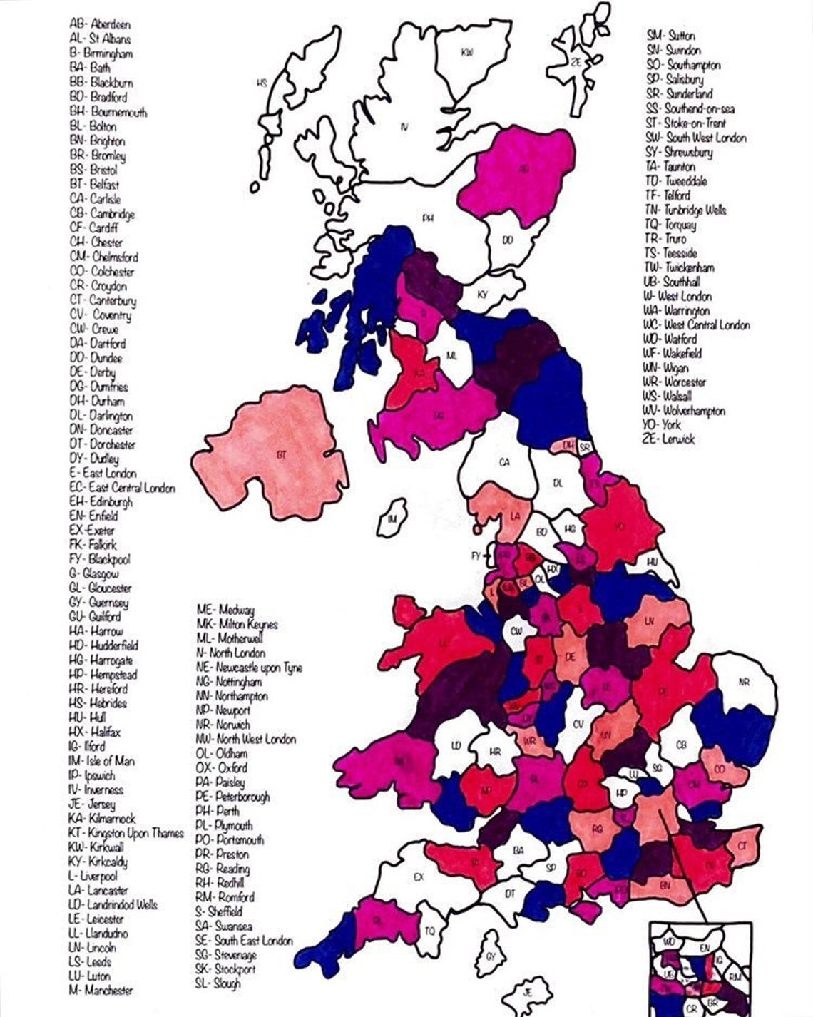 UK Postcode Map Tracker A4 Print Colour Yourself perfect for | Etsy