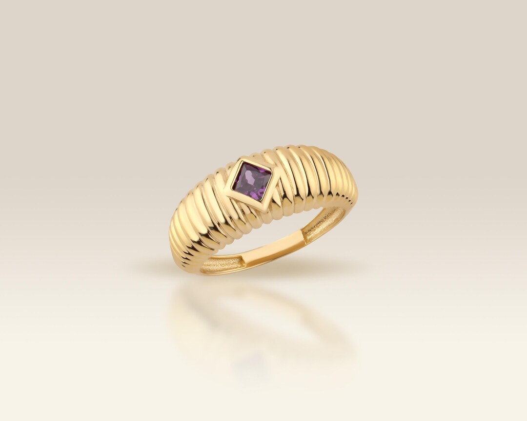 14K Gold Ring, Princess Cut Gold Ring, Ribbed Gold Ring, Gold Statement ...