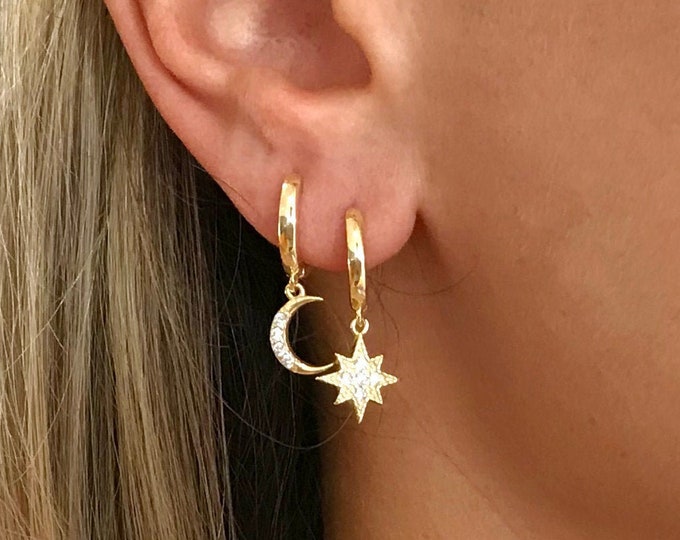 Set of 3 Mismatched Celestial Hoop Earrings Moon & Star - Etsy