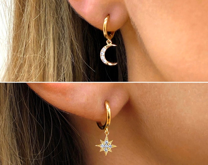 Set of 3 Mismatched Celestial Hoop Earrings Moon & Star - Etsy