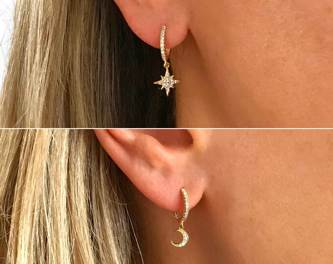 Set of 3 Mismatched Celestial Hoop Earrings Moon & Star - Etsy