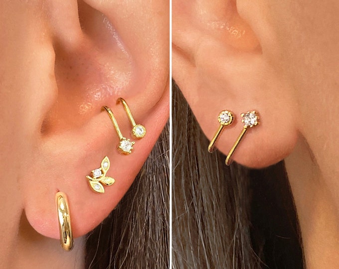 Elegant Emerald Double Hoop Studs CZ Dainty Earrings Gold | Etsy