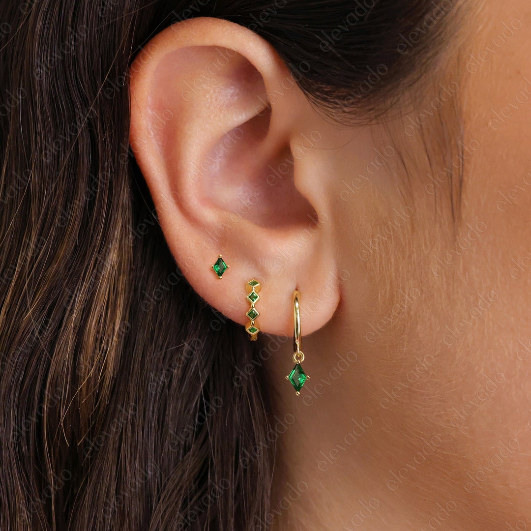 Emerald Sterling Silver Earring Set • Hoop Earrings and Studs - Etsy