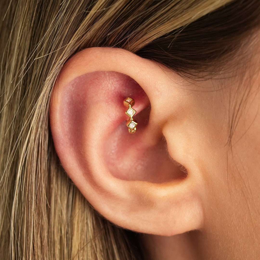 Dainty Bezel Rook Hoop Earring • Bezel Stone Helix Hoop • Rook Earring ...