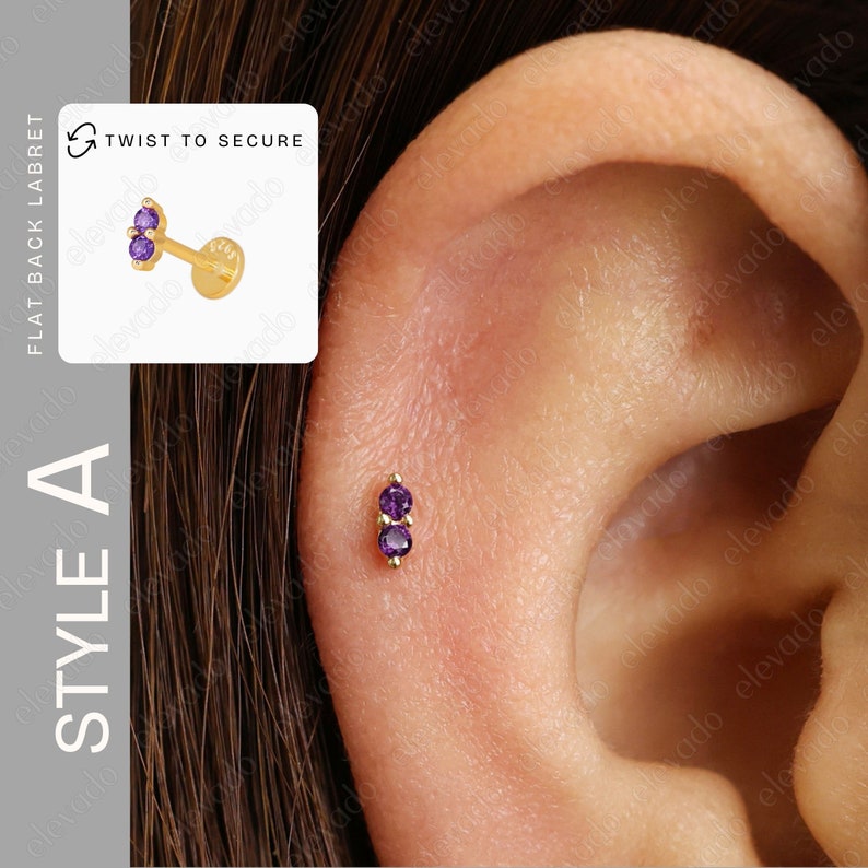 Amethyst Gold Plated Labret Earring Set: 18G/16G Cartilage Helix ...