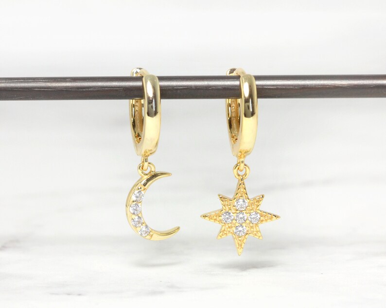 Mismatched Moon & Star Hoops Gold Star Hoop Earrings Gold | Etsy