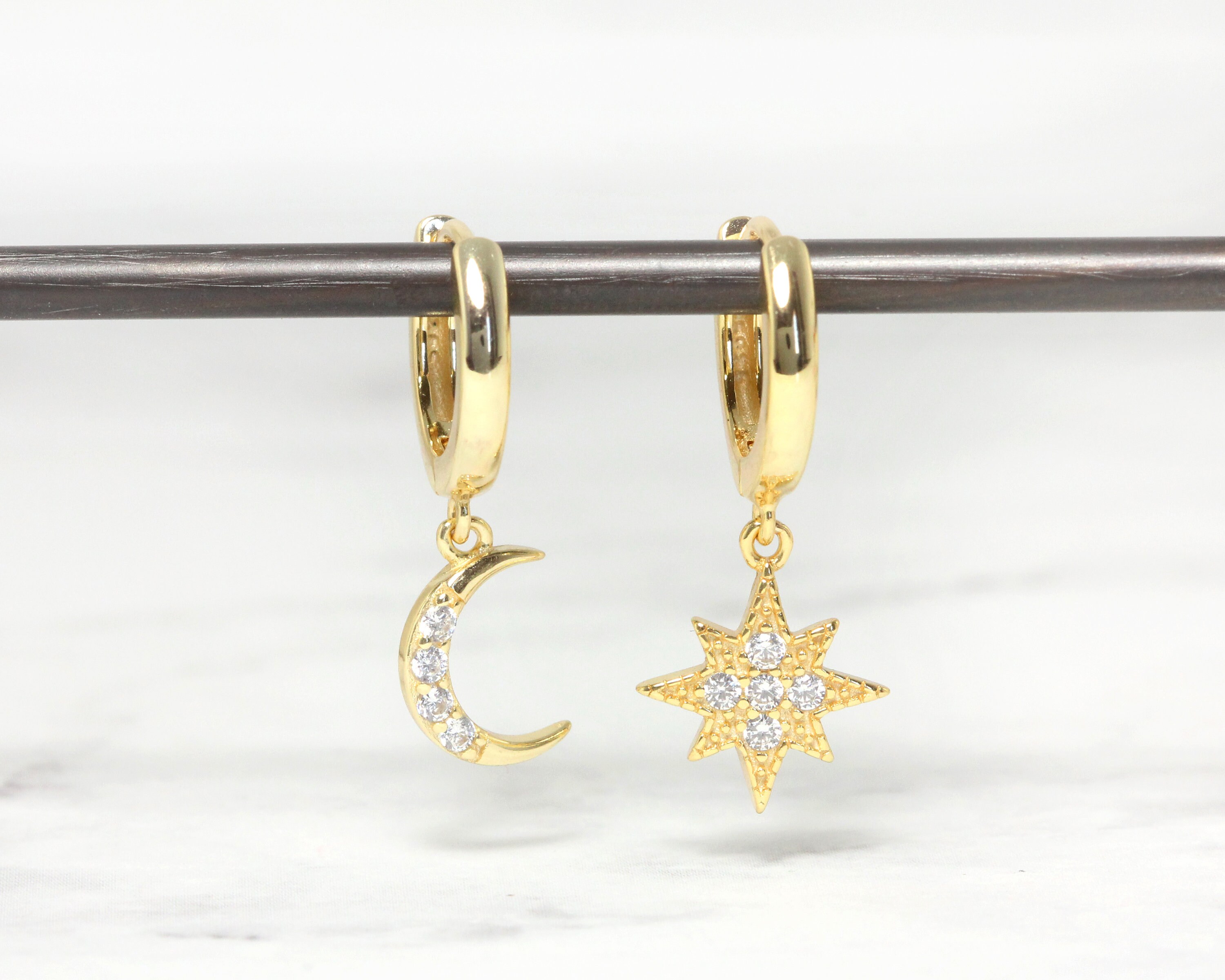 Mismatched Moon & Star Hoops Gold Star Hoop Earrings Gold | Etsy Canada