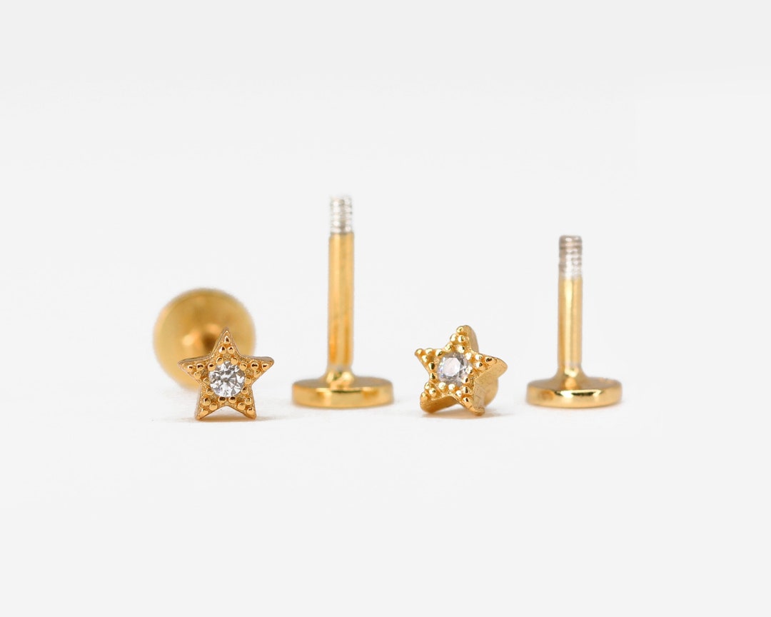 18G Star Bezel Cartilage Flat Back Labret • Tiny Star Conch Earrings ...