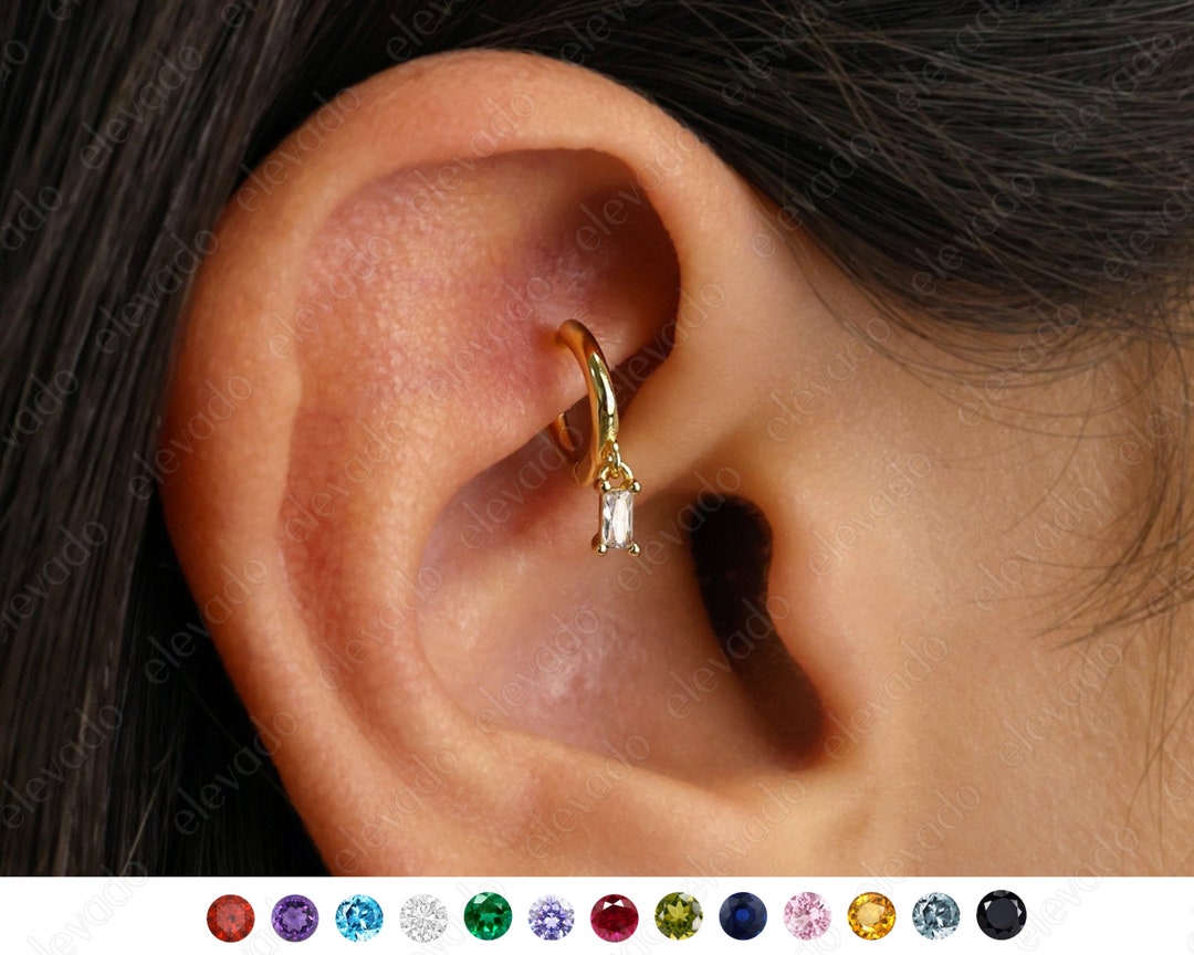 Dainty Dangle Rook Hoop Earring • Baguette Stone Helix Hoop • Rook ...