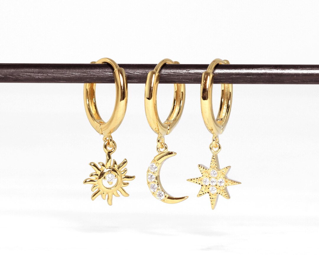 Set of 3 Mismatched Celestial Hoop Earrings • Moon & Star Hoops • Gold Sun Hoop Earrings • Gold ...