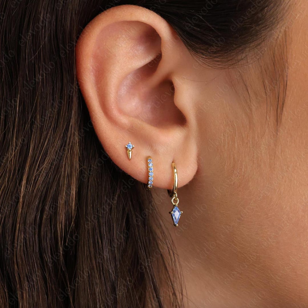 Aquamarine Kite Cut Huggie Hoop Earrings: Sterling Silver Dainty Set - Etsy