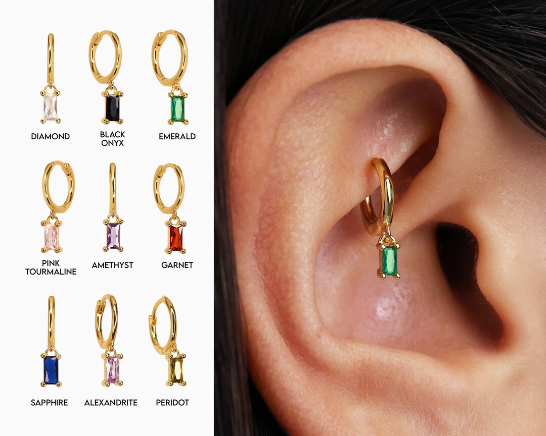 Tiny Baguette Rook Hoop Earring • Helix Hoop • Emerald • Diamond ...