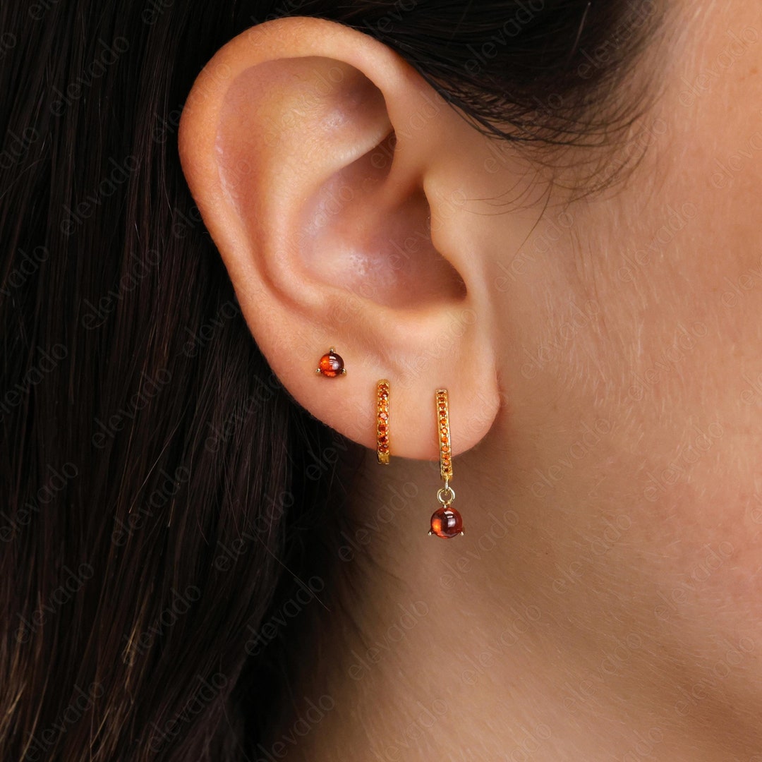 Garnet Hoop Earring Set: Dainty Sterling Silver Minimalist Jewelry - Etsy