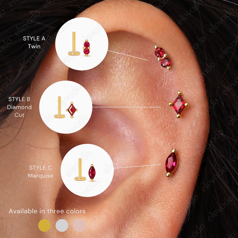 Ruby Flat Back Labret Earring Set: Gold Plated Sterling Silver ...
