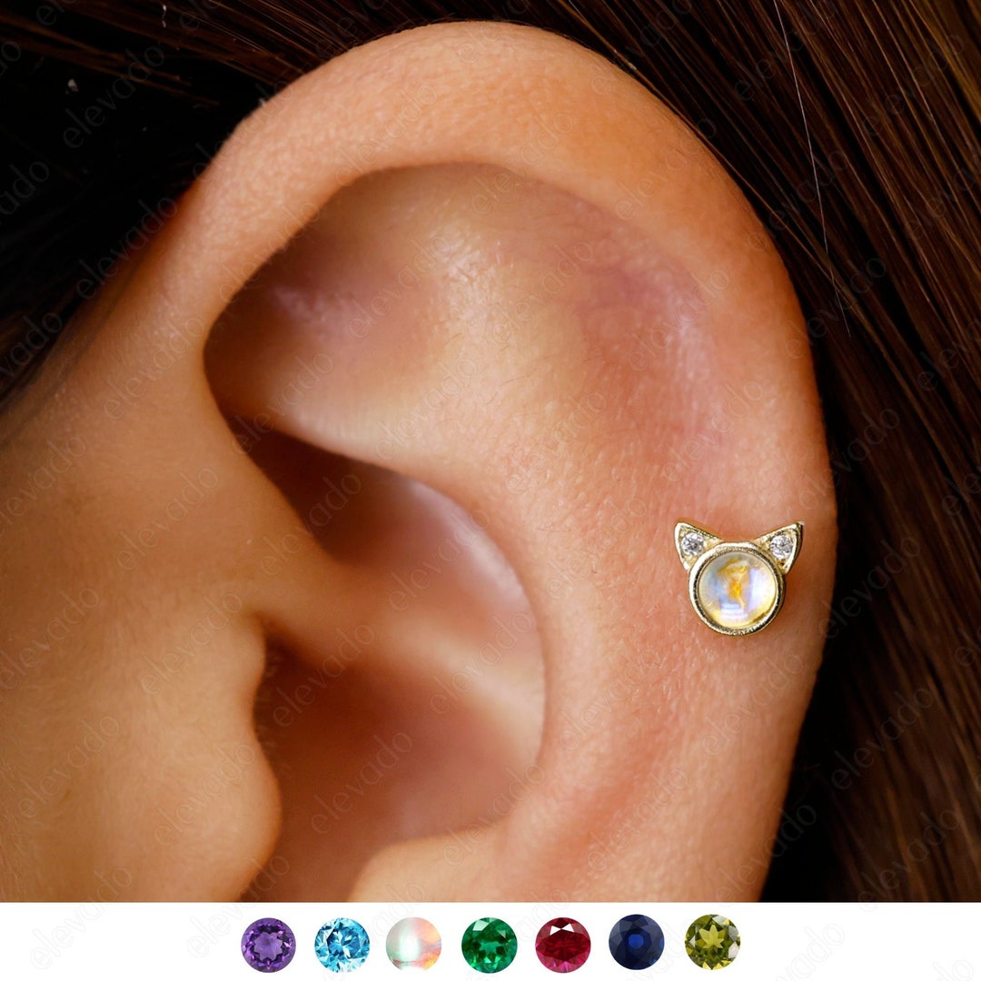 18G/16G Polished Moonstone Cat Flat Back Labret • Cat Earrings • Gemstone Earrings • Cartilage ...