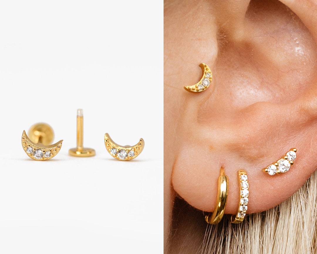 18G/16G Tiny Moon Cartilage Gold Stud Earrings Moon Tragus Earrings Moon Conch Earrings ...