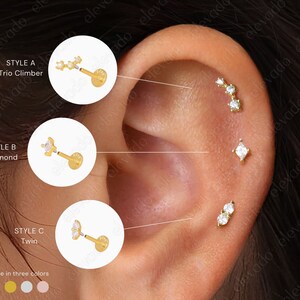 Diamond Flat Back Earring Set: 16G/18G Gold Plated Sterling Silver ...