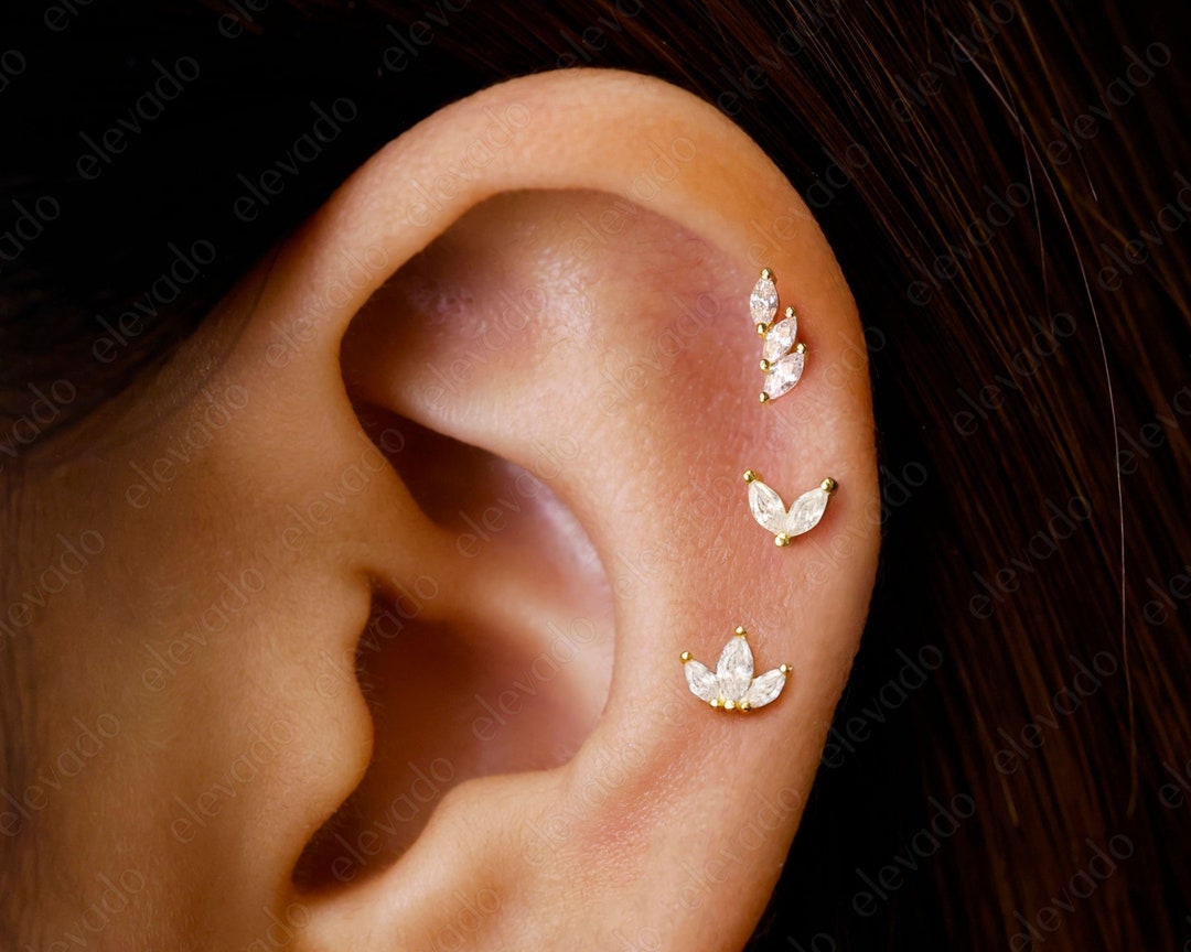 Set of 3 • 16G/18G Marquise Flat Back Labret Earring Set • flower ...