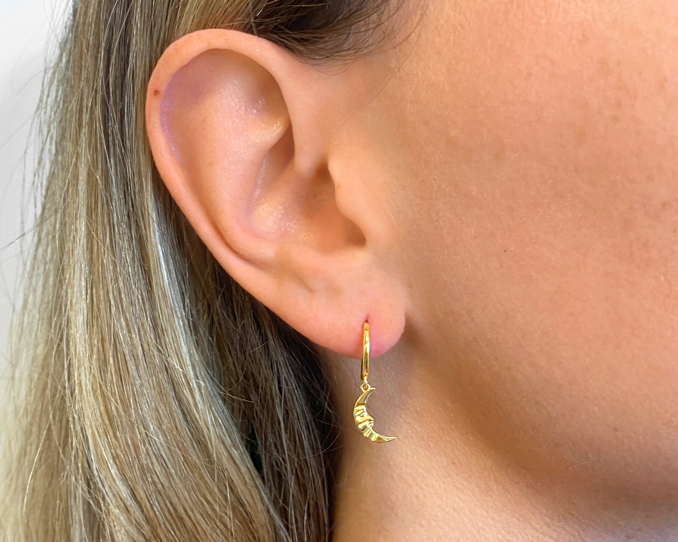 Moon Charm Hoop Gold Moon Huggie Hoop Silver Moon Hoop | Etsy