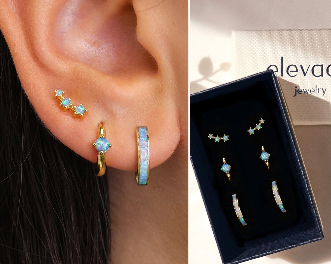 Blue Opal Everyday Ear Stack Set Gift for Her Gold Opal Hoop Earrings ...