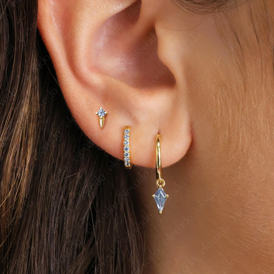 Zircon Kite Cut Huggie Hoop Earring Set: Sterling Silver Dainty Hoops ...