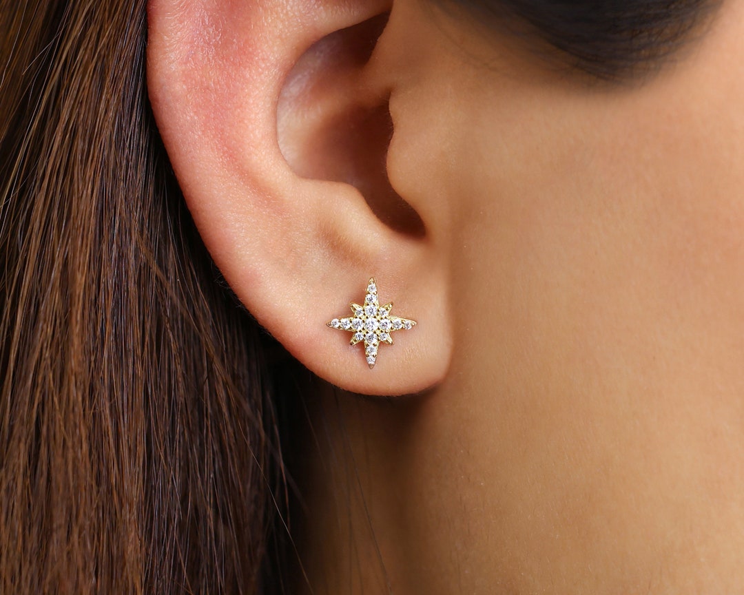 Star Diamond Stud Earrings minimalist Jewelry Starburst Stud star Earrings celestial Stud gold ...