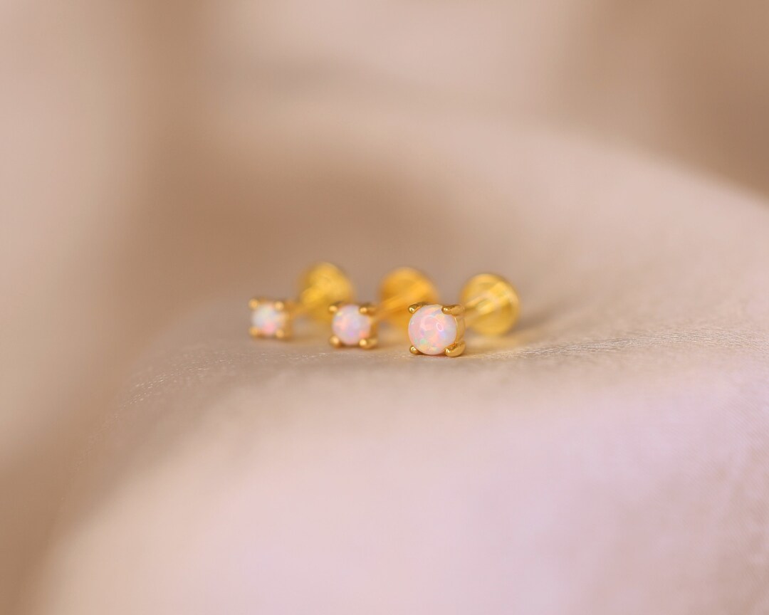 18G/16G Gold Fire White Opal Threadless Push Pin Labret Stud • Solid ...