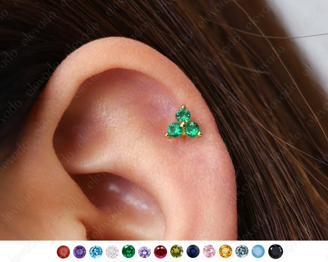 18/16G Emerald Tiny Flower Flat Back Labret Stud • 925 Sterling Silver • Tragus Stud • Flat Back ...