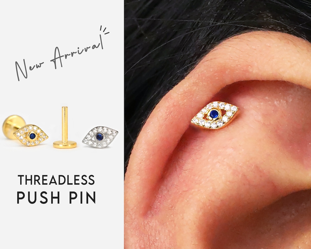 20G/18G Paved Evil Eye Cartilage Threadless Push Pin Earrings • Gold ...