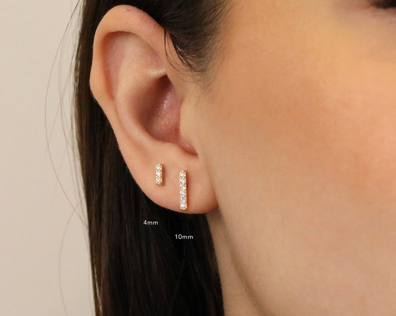 Tiny Bar Stud Earrings CZ Dainty Earrings Gold Bar Studs - Etsy