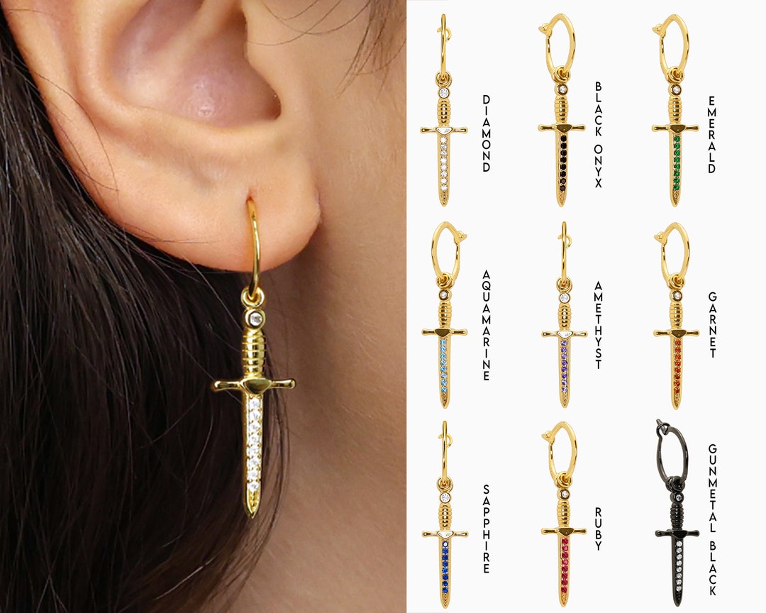 Paved Dagger Sword Dangle Hoop Earrings No Hinge Design sword Earrings ...