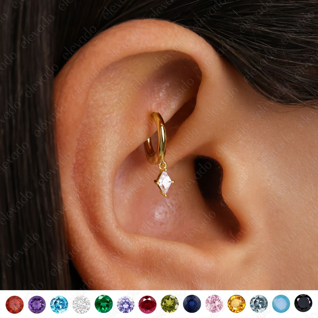 Tiny Diamond Dangle Rook Hoop Earring • Gemstone Helix Hoop • Rook ...