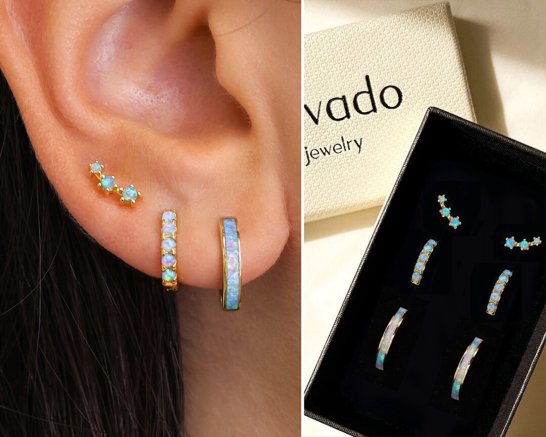 Blue Opal Inlay Huggie Hoop Earring Set Gift for Her Bridesmaid Gift ...