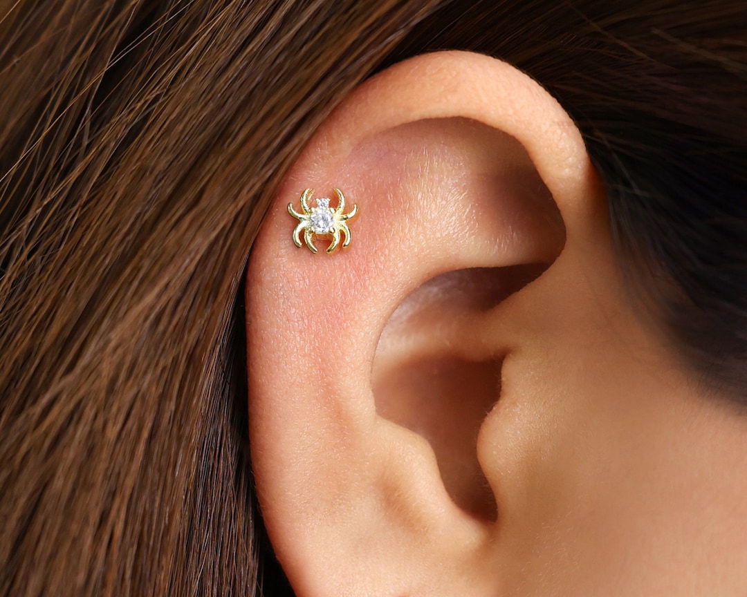 18G/16G Tiny Spider Internally Threaded Labret Stud • Cartilage Earring • Tragus • Conch Stud ...