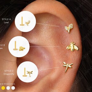 16G/18G Nature Flat Back Earring Stack Bee Cartilage Earrings Dragonfly ...