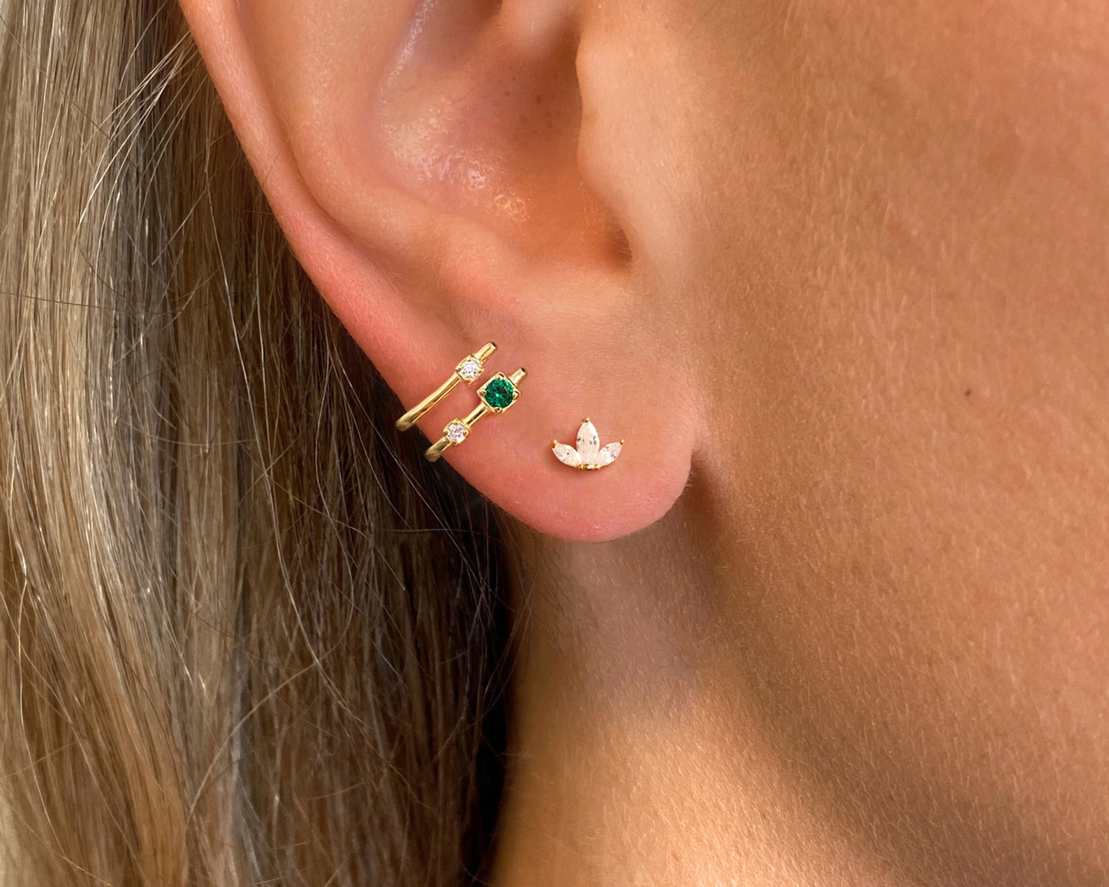 Elegant Emerald Double Hoop Studs CZ Dainty Earrings Gold | Etsy