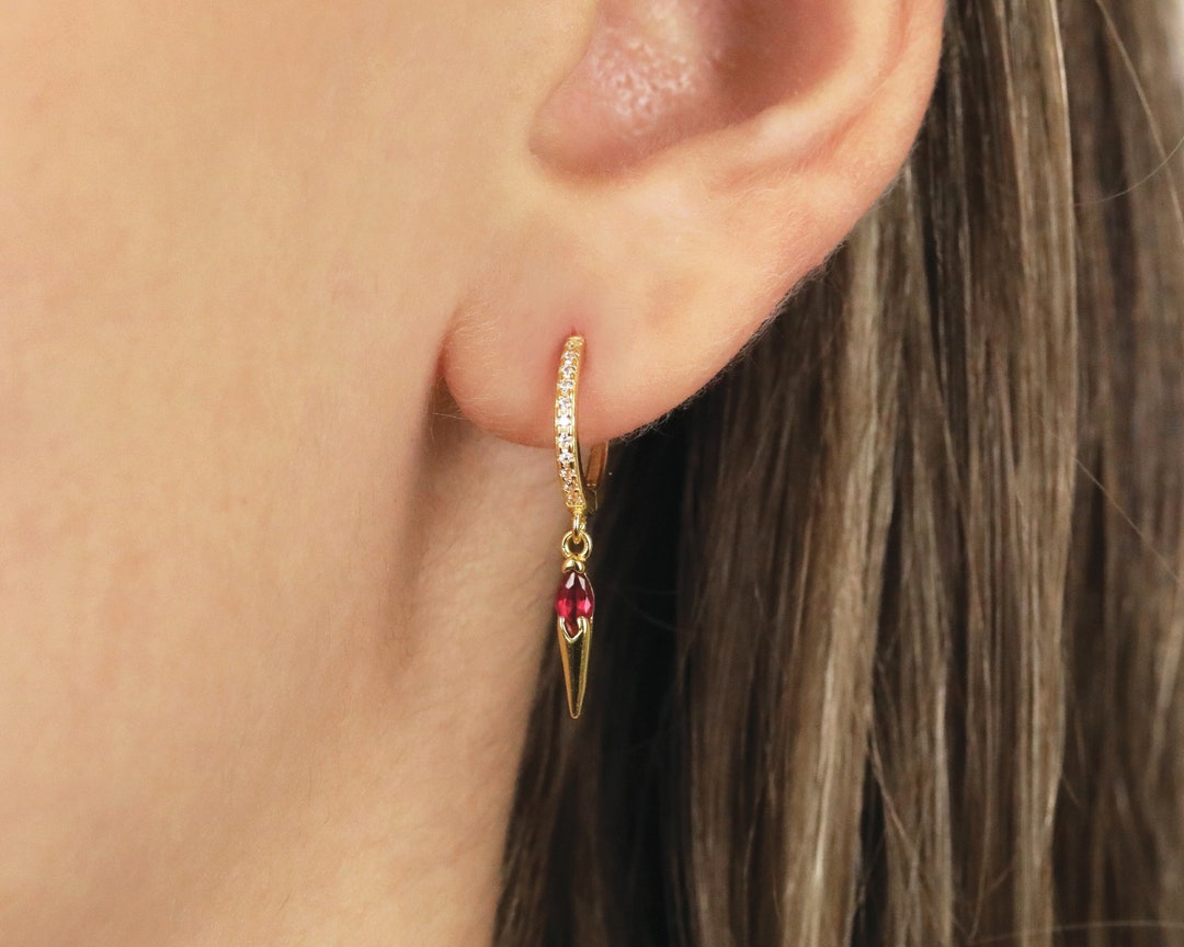 Ruby Spike Charm Paved Hoop Earrings Birthstone Earrings Gold Hoop Earrings Silver Earrings ...