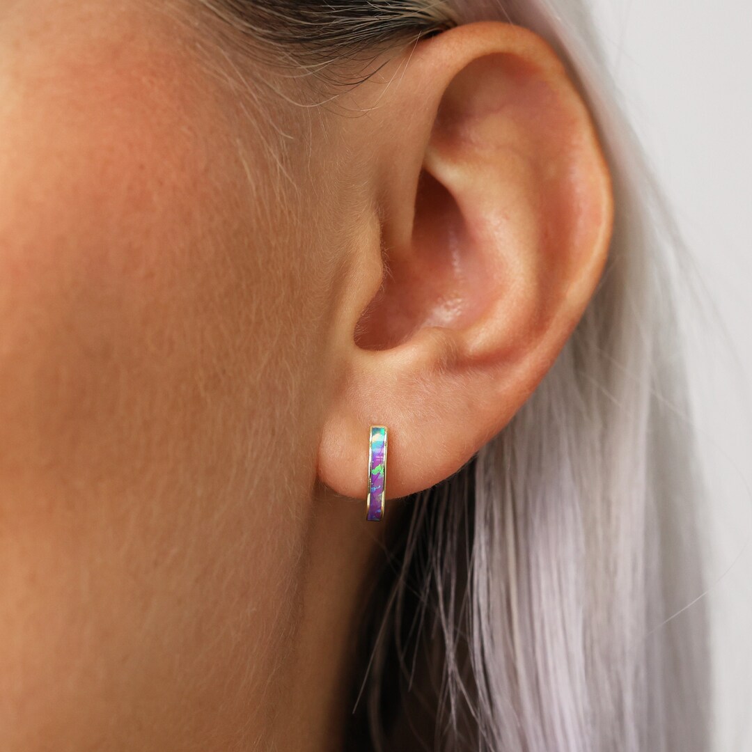 Iridescent Opal Inlay Huggie Hoop Earrings • 18k Gold Plated - Etsy