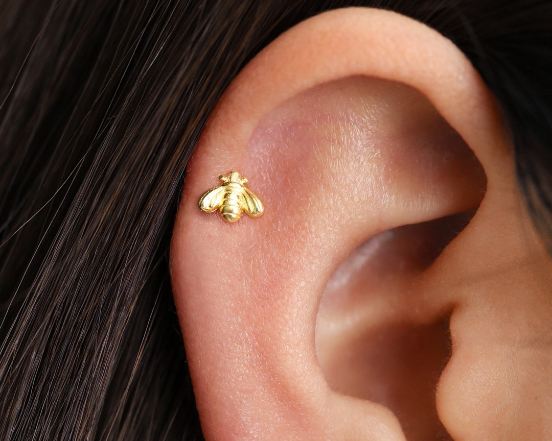 18G/16G Tiny 3D Bee Cartilage Gold Stud Earrings • Bee Tragus Earrings • Bee Conch Earrings ...