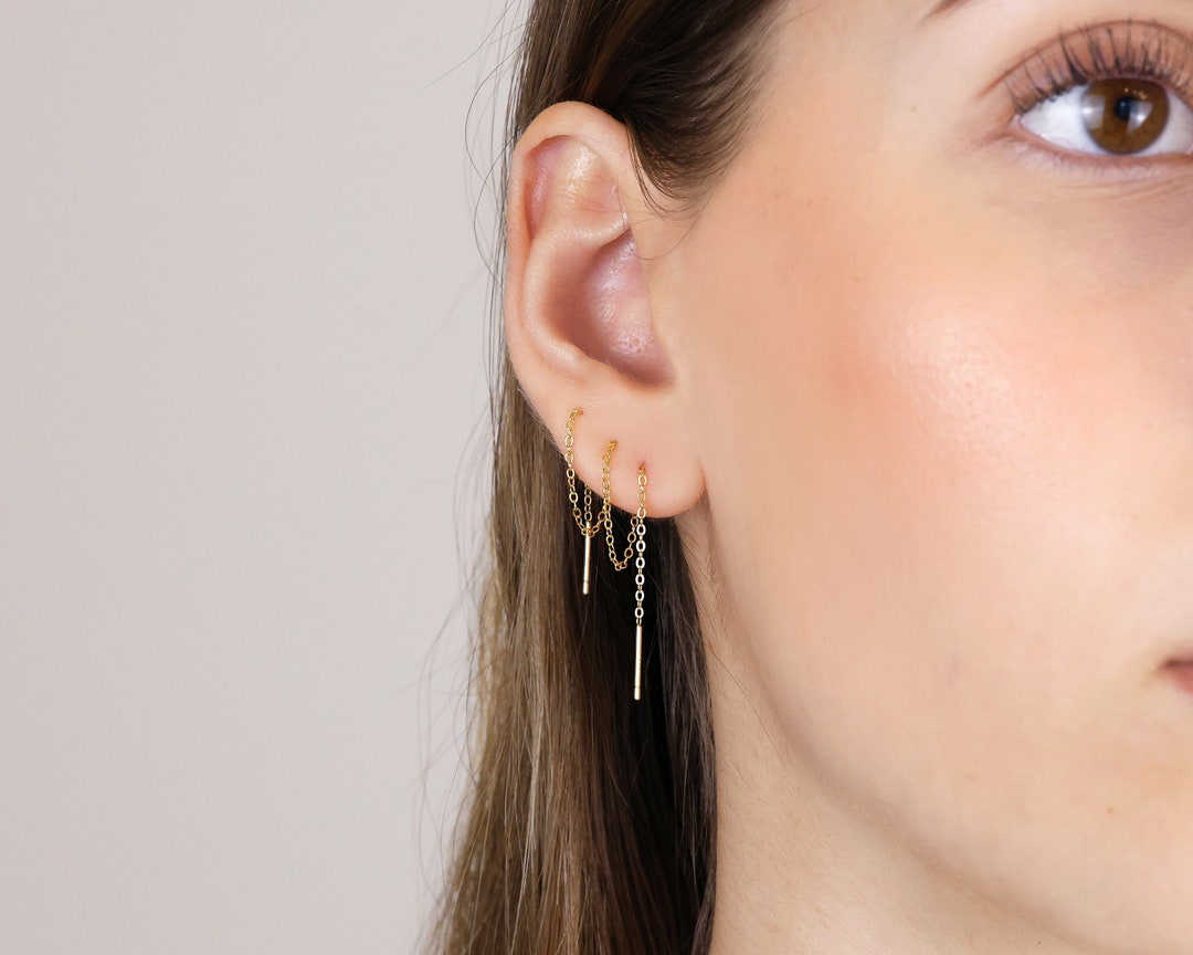 Dainty Threader Earrings • Gold Long Chain Threader Earrings • Silver ...