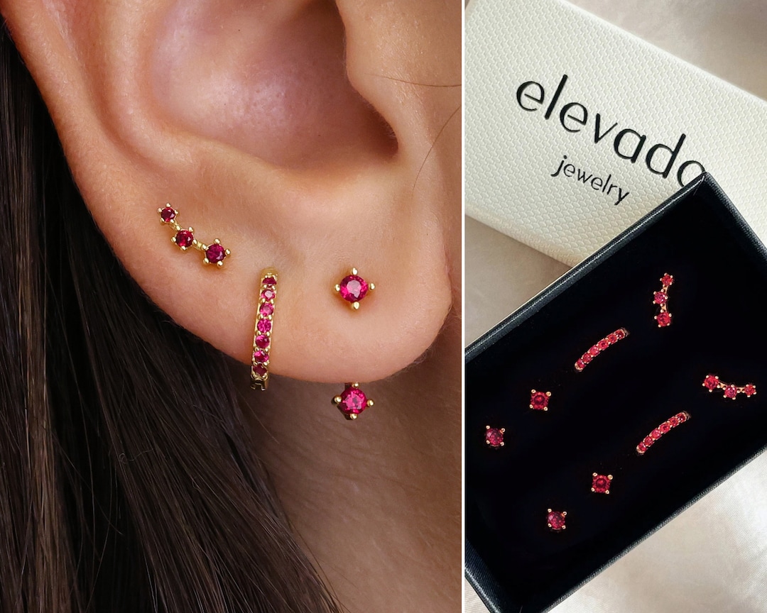 Ruby Front Back Earring Set Ear Stack Minimalist Jewelry Ruby Earrings ...