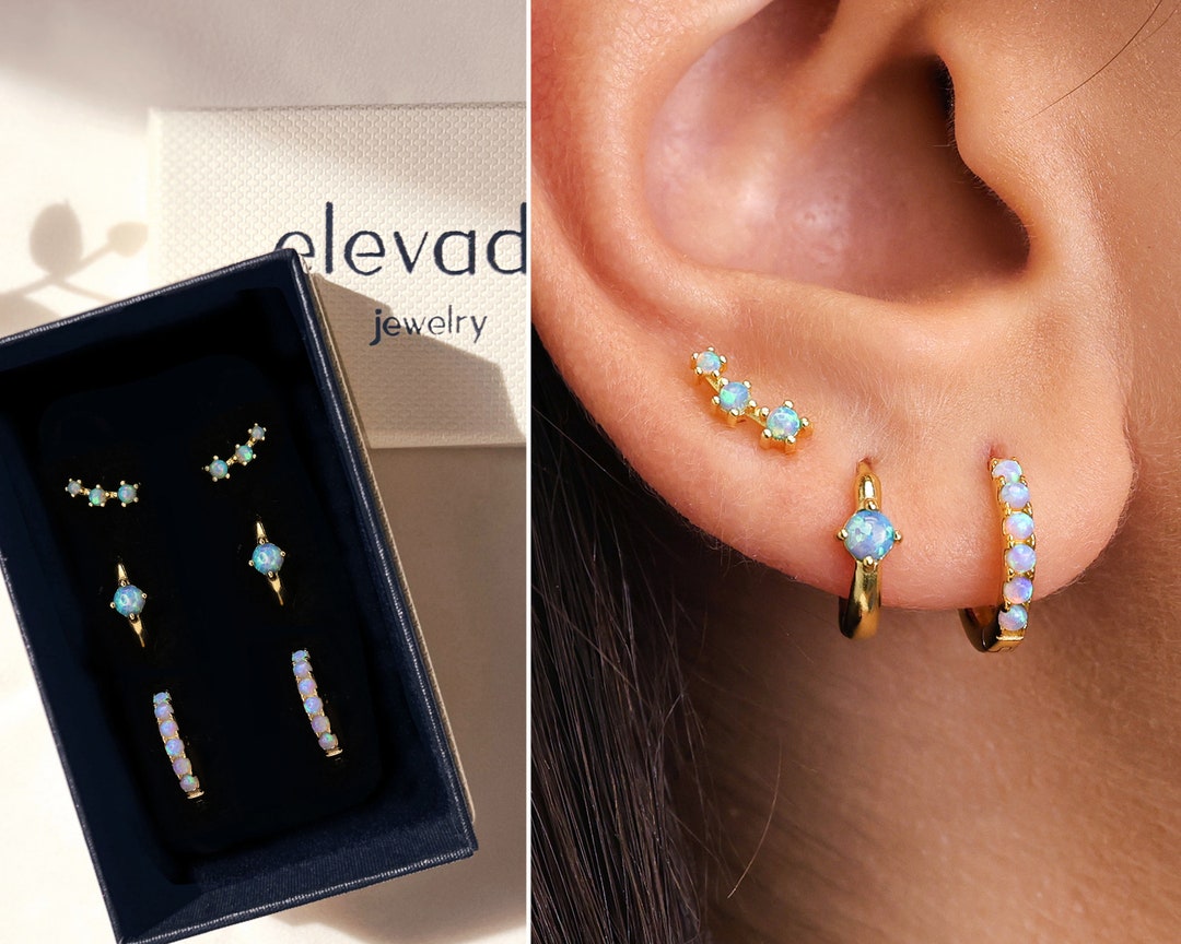 Blue Fire Opal Everyday Ear Stack Set Gift for Her Gold Opal Hoop ...